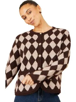YUMI Argyle Button-front Knit Cardigan - Brown