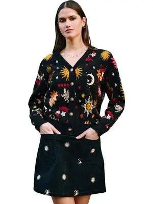YUMI Cosmic Intarsia V-neck Cardigan - Black