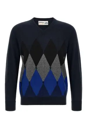 BALLANTYNE Classic Diamond Intarsia Cashmere V-neck Sweater - Blue