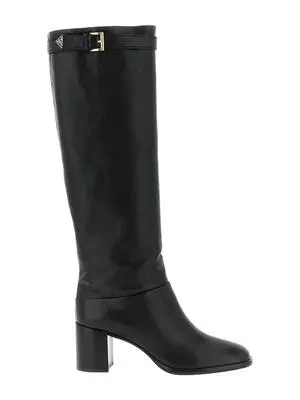 PRADA PRADA Black Calfskin Knee-High Boots With Buckle And Logo Detail