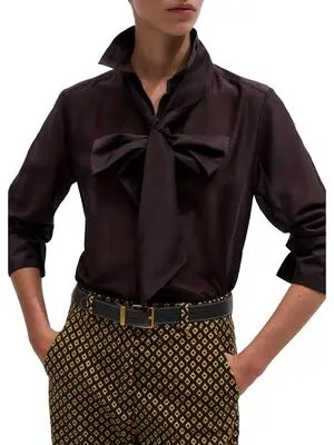 ME+EM Silk Cotton Cloud Shirt With Front Tie Detail - Chocolate