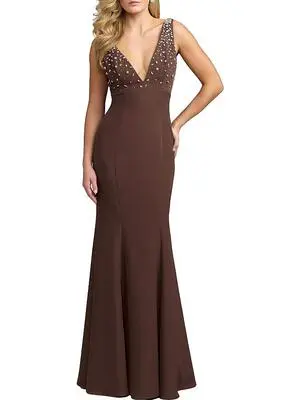 Mac Duggal Embellished Crepe Sleeveless V-neck Gown - Chocolate