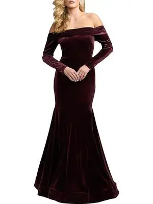 Mac Duggal Velvet Off-the-shoulder Long Sleeve Mermaid Gown - Wine