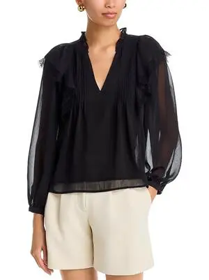 Aqua Lace Trim Split Neck Blouse - Black
