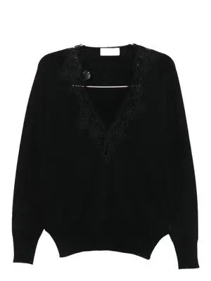 Ermanno Scervino Wool V-neck Sweater With Lace Trim - Black