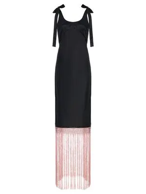 Alejandra Alonso Rojas Crepe Midi Dress With Dusty Pink Fringe - Black