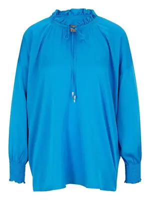 Hugo Boss Silk-blend Blouse With Ruffle Neck - Blue