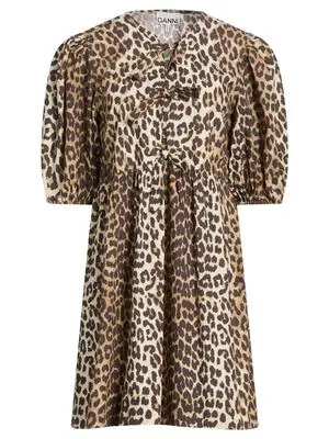 GANNI Ganni Leopard Print Short Sleeve Dress Ivory