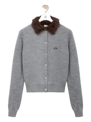 Loewe Wool Cardigan With Fur Collar - Gray