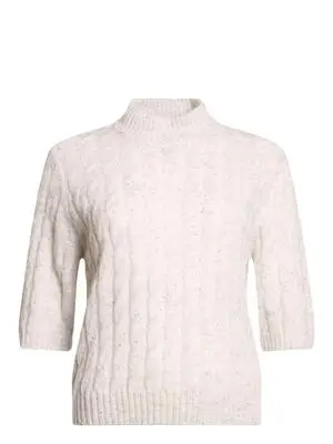 Brunello Cucinelli Mid-length Short-sleeve Knit Top With Cable Knit Texture And Sequin Embellishments - Grey