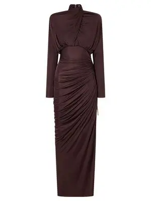 Balmain Draped Jersey Turtleneck Maxi Dress - Brown