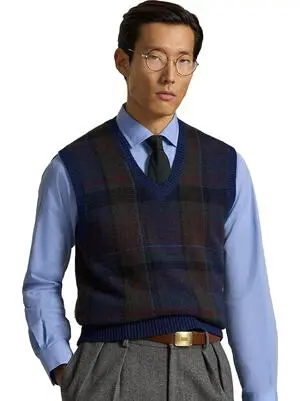 Ralph Lauren Plaid Wool-cotton Sweater Vest - Navy Multi