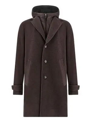 Paul & Shark 150's Wool Coat With Suede Inserts - Coffe