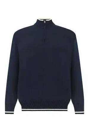 Paul & Shark Virgin Wool Half-zip Sweater With Striped Trim - Blue