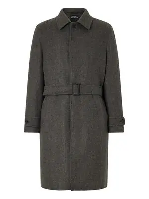 Zegna Oasi Belted Herringbone Cashmere Trench Coat - Green