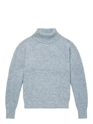 Inis Meáin Boatbuilder Ribbed Cashmere Turtleneck Sweater - Blue