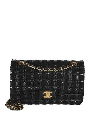 CHANEL Chanel Tweed Woven Patent Medium Classic Double Flap Bag