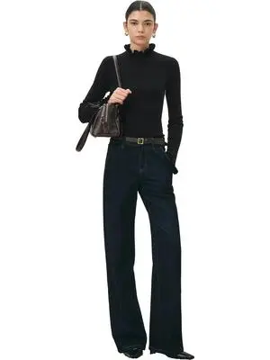 Fabrique Fitted Ruffle Trim Highneck Top In Wool Blend - Black