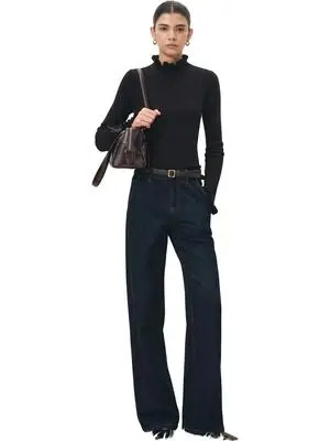 Fabrique Fabrique Fitted Ruffle Trim Highneck Top In Wool Blend Black