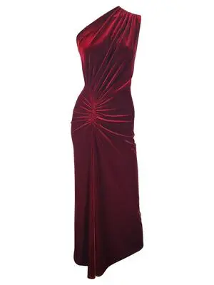 ME & THEE One Shoulder Ruched Velvet Midi Dress - Red