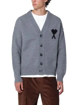 AMI Paris De Coeur Merino Wool Cardigan - Grey