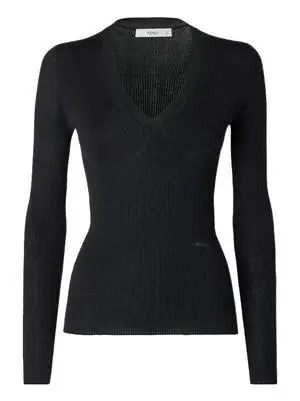 Fendi Ribbed Wool V-neck Jumper - Black