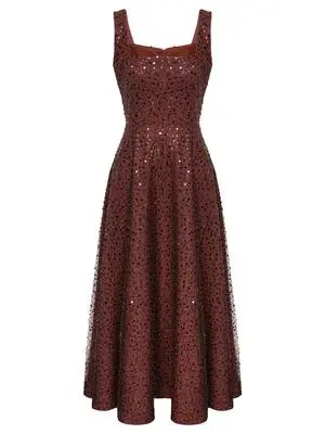 POST MERIDIEM Chocolate Sequined Embellished Midi Dress - Brown