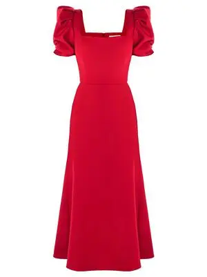 POST MERIDIEM Godet Silhouette Square Neck Midi Dress - Red