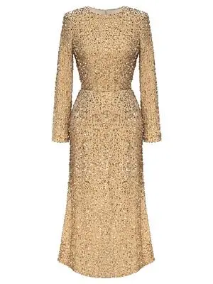 POST MERIDIEM Sequined Velvet Long Sleeve Midi Dress - Gold