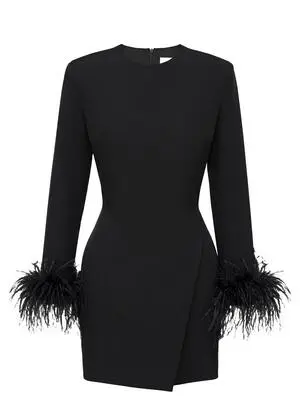 POST MERIDIEM Wrap Feather Sleeve Mini Dress - Black