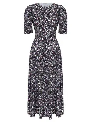 POST MERIDIEM Navy Floral Print Buttoned Midi Dress - Blue