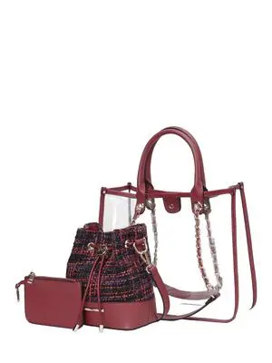 MKF COLLECTION - J'OMOR Diva Pvc Tote Bag With Tweed Bucket Bag And Pouch - Red