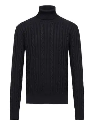 Moncler Wool Turtleneck Sweater With Cable Knit And Leather Logo - Blue