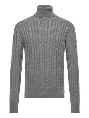 Moncler Wool Turtleneck Sweater With Cable Knit And Leather Logo - Grey