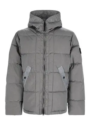 Stone Island Padded Jacket With High Collar And Logo Patch - Grey