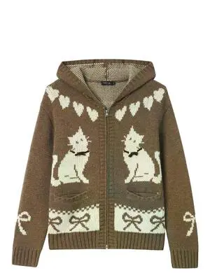 TOUT A COUP Intarsia Knit Cat-motif Cardigan - Brown
