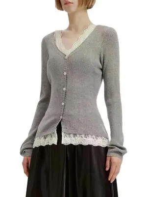 B+AB Ribbed Knit Lace-trim Cardigan - Grey