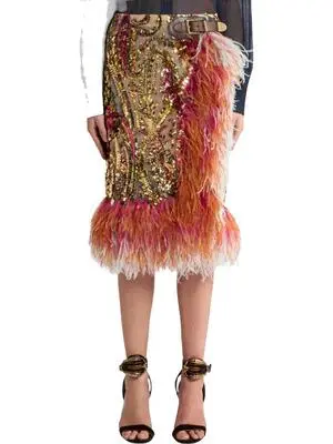 Etro Sequined Feather Trim Knee-length Skirt - Gold
