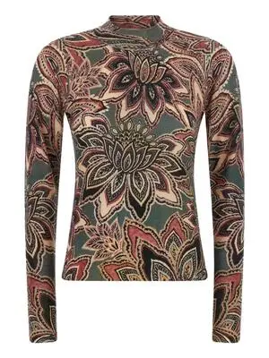 Farm Rio Tapestry Floral Print Mock Neck Long Sleeve Top - Multicolour