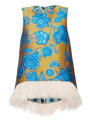 La DoubleJ Floral-jacquard Sleeveless Blouse With Feather Trim - Multicolor
