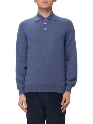 Brunello Cucinelli Pure Cashmere Long-sleeved Polo With Ribbed Collar Blue
