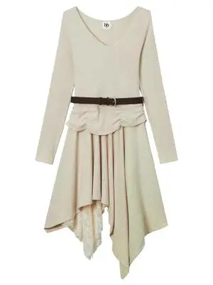 B+AB Midi Ribbed-knit Handkerchief-hem Dress - Neutrals
