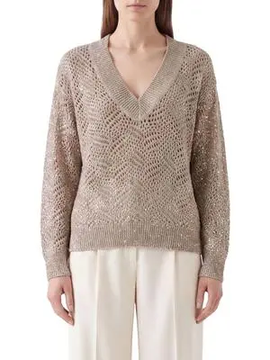 Brunello Cucinelli Brunello Cucinelli V-Neck Sequined Pullover Brown