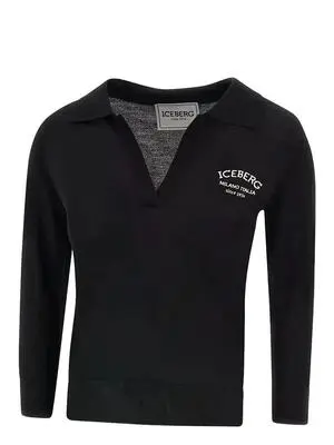 Iceberg Logo Embroidered V-neck Sweater - Black