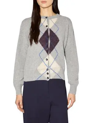 Liviana Conti Liviana Conti Argyle Pattern Wool Blend Crewneck Cardigan Grey