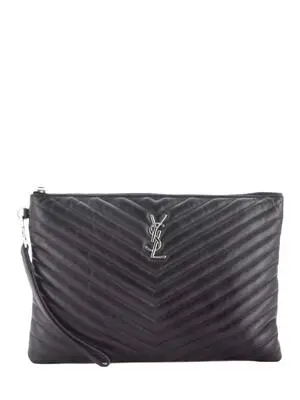 Saint Laurent Matelassé Chevron Leather Wristlet Pouch - Black