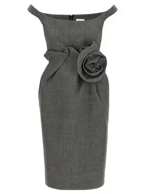 Magda Butrym Magda Butrym Sculptural Wool-Silk Blend Dress With Floral Waist Detail Grey