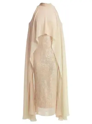 IRINA SCHROTTER Sequin Embellished Cape Overlay Midi Dress - Neutrals