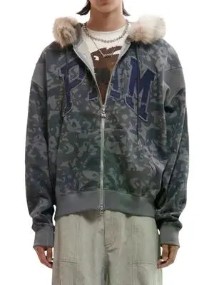 PERKS AND MINI Camouflage-print Faux-fur Trimmed Hoodie - Grey