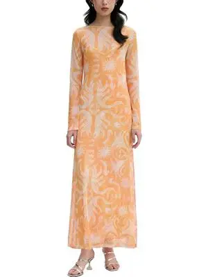 NEVER FULLY DRESSED Graphic Print Long Sleeve Midi Dress - Orange